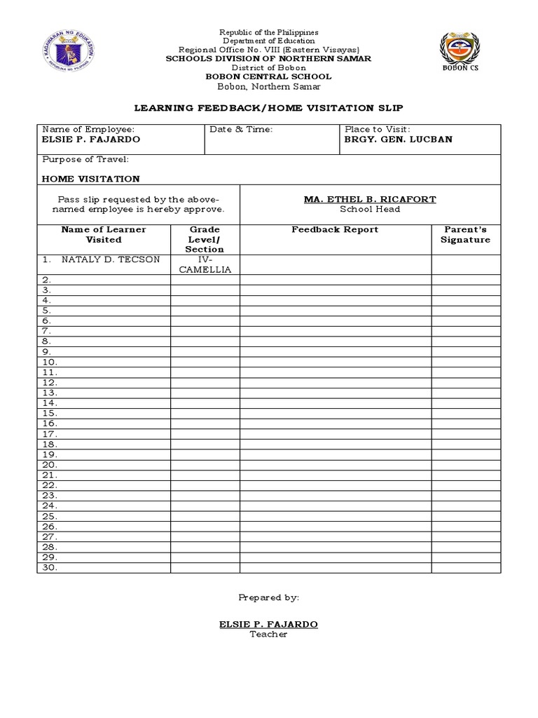 Home Visitation Form BLANK | PDF