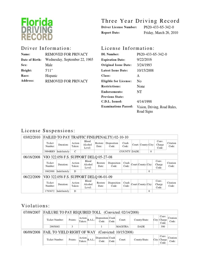 Three Year Driving Record: Driver Information: License Information ...
