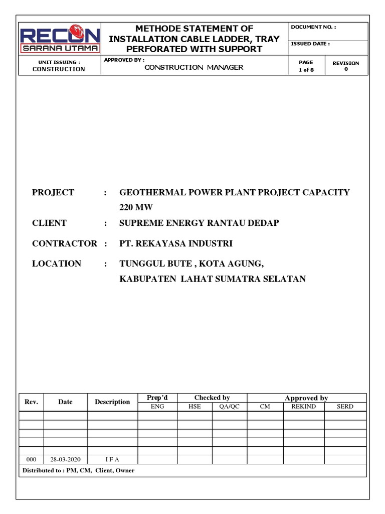Method Statement of Installation Cable Ladder, Tray With Support PDF ...