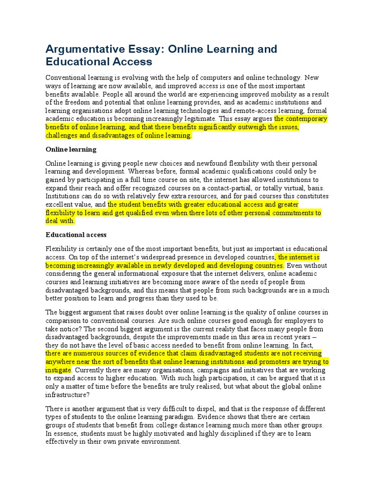 Argumentative Essay: Online Learning and Educational Access | PDF ...