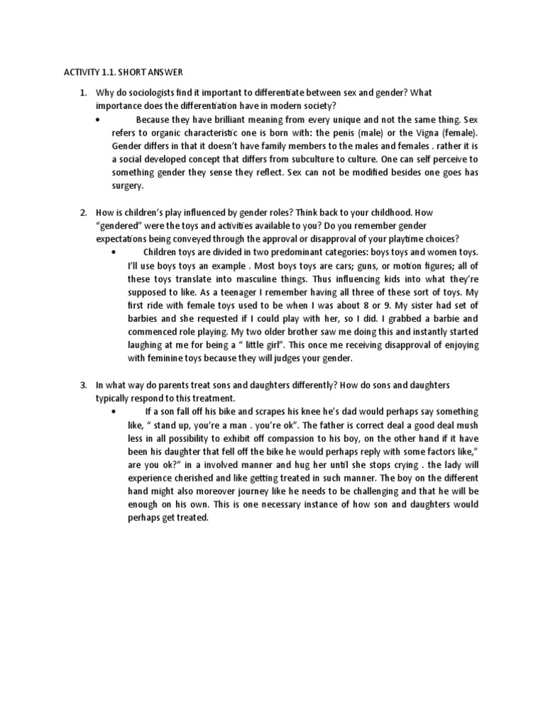 ACTIVITY 1.1 Short Answer (GENDER AND SOCIETY) | PDF | Toys | Gender