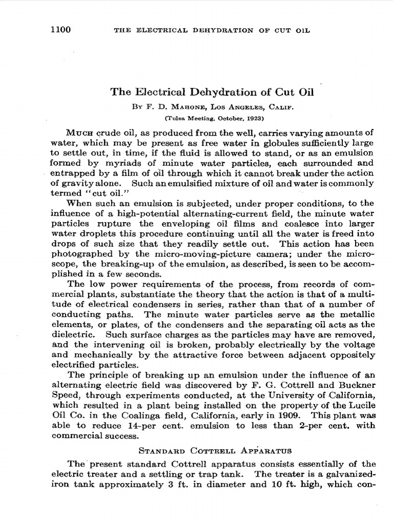 The Electrical Dehydration of Cut: by F. D | PDF | Barrel (Unit) | Emulsion