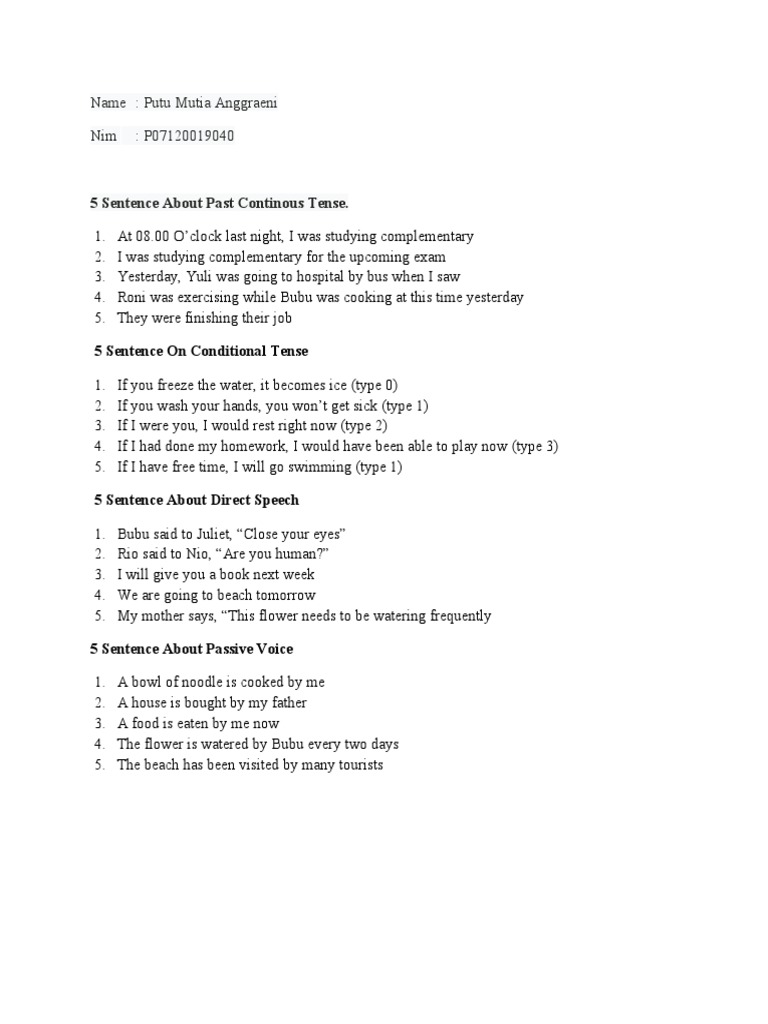 5 Sentence About Past Continous Tense.: Name: Putu Mutia Anggraeni Nim ...