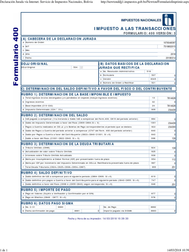 Impuesto A Las Transacciones: Formulario: 400 Versión: 3 | PDF ...