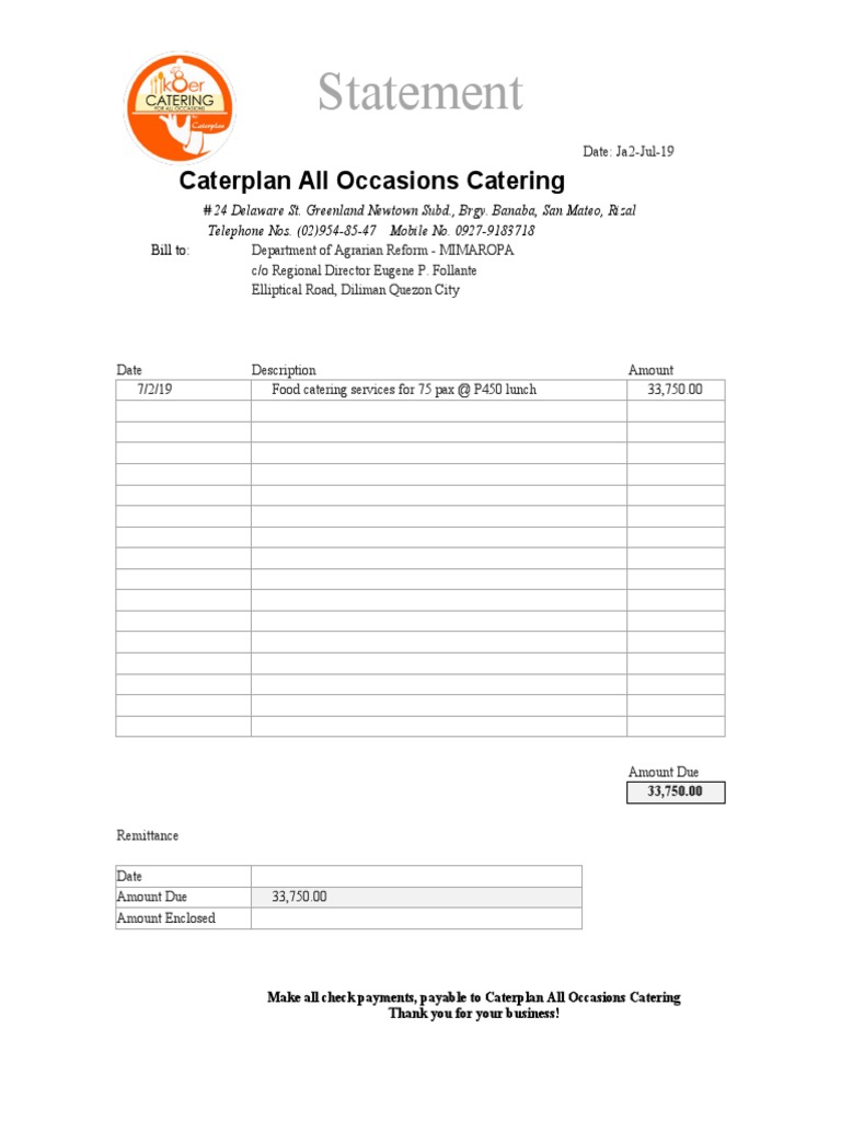 Statement: Caterplan All Occasions Catering | PDF