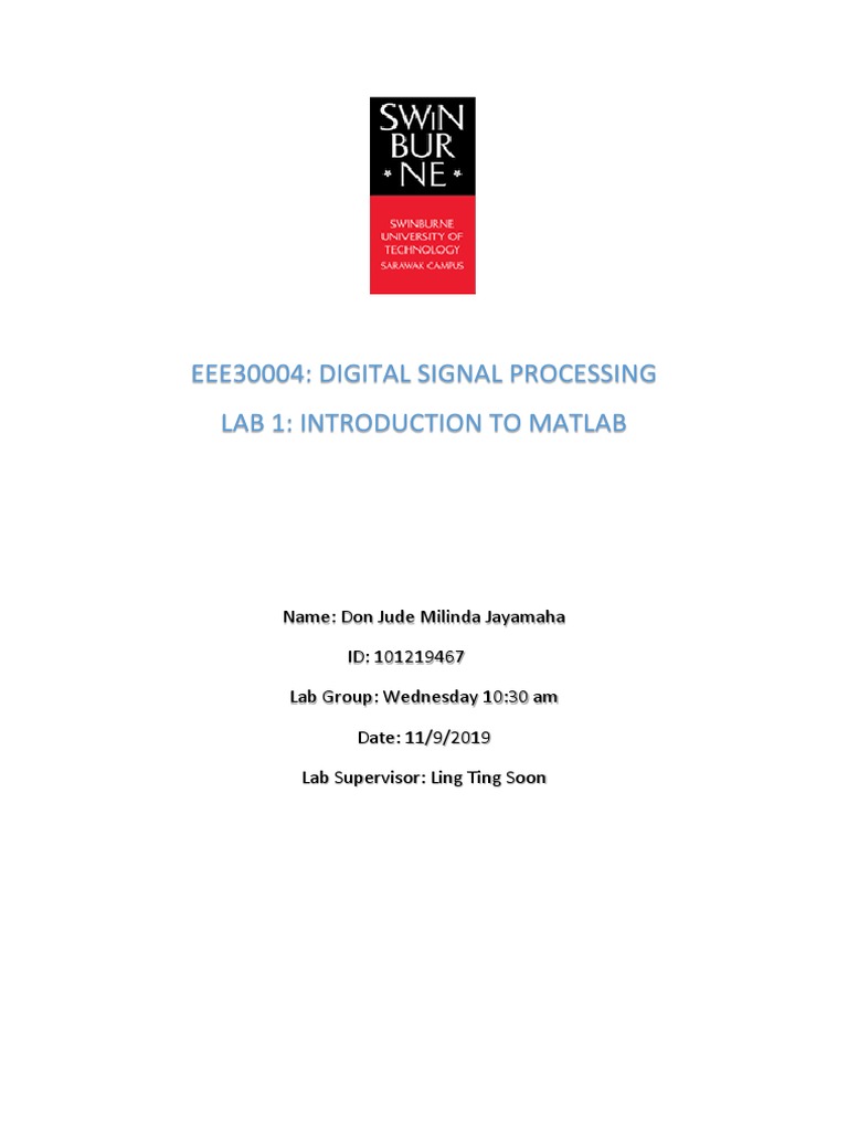 Eee30004: Digital Signal Processing Lab 1: Introduction To Matlab ...