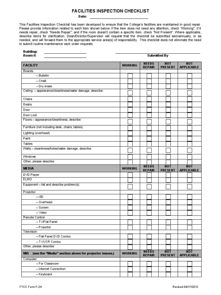 Facilities Inspection Checklist: Date | PDF | Desk | Manufactured Goods