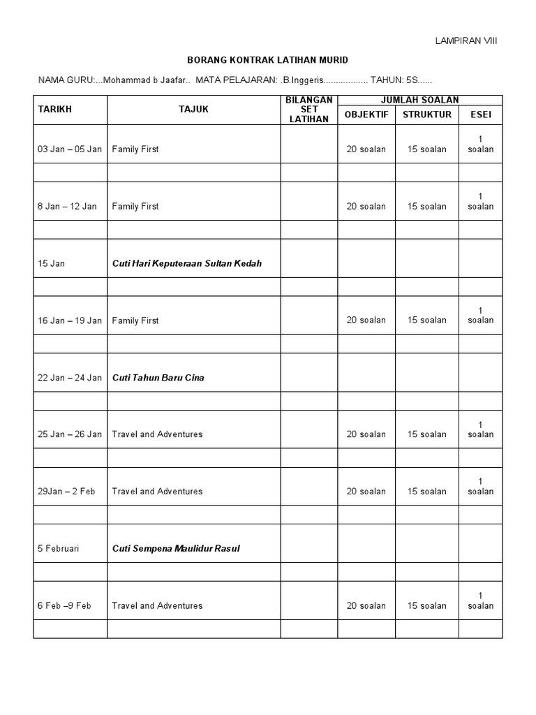 Jadual Latihan Murid Tahun 5S | PDF