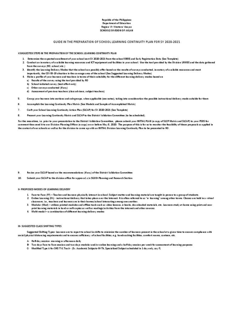 Guide in The Preparation of School Learning Continuity Plan For Sy 2020-2021 | PDF | Educational ...