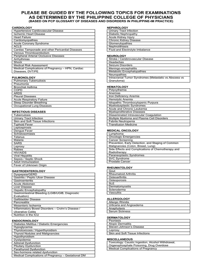 PCP Exam Topics in Major Medical Specialties | PDF | Sepsis | Cancer