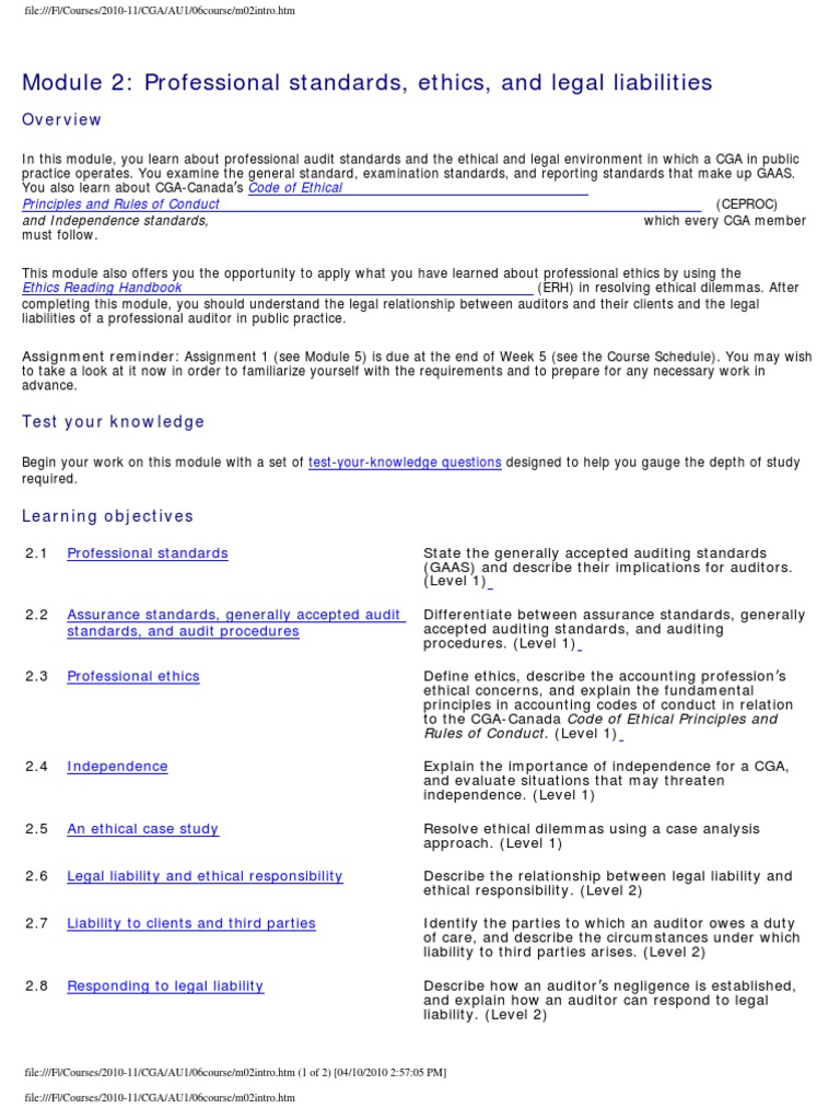 Professional Standards, Ethics, and Legal Liabilities in Auditing: An Overview of Generally ...