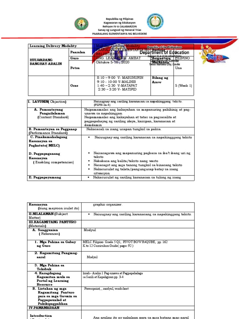 Filipino 5 Lesson Exemplar Quarter 1 Week 1 | PDF
