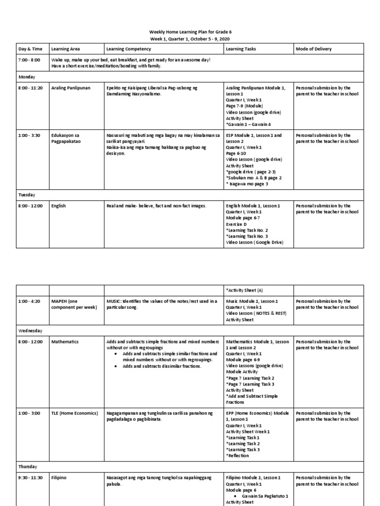 L3A1 Weekly Home Learning Plans 1 | PDF | Homogeneity And Heterogeneity ...