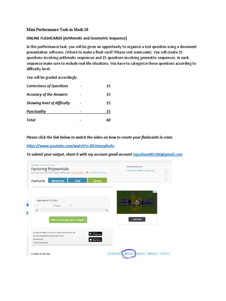 Mini-Performance Task in Math 10 ONLINE FLASHCARDS (Arithmetic and ...