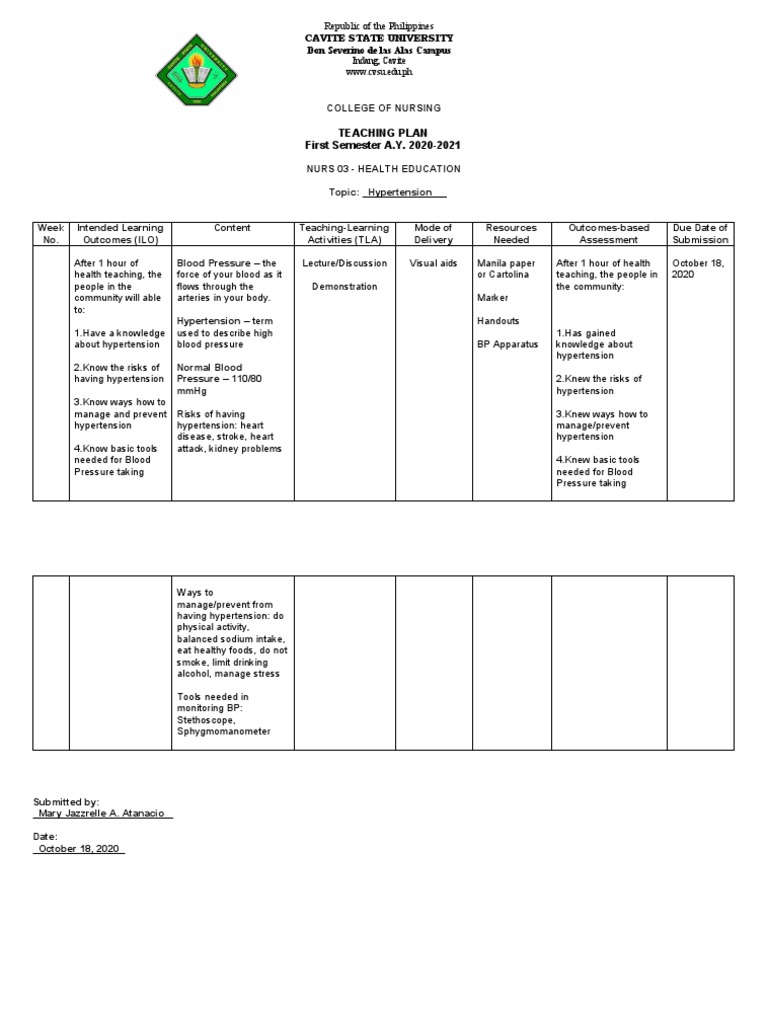nursing-TEACHING-PLAN Example | PDF | Hypertension | Blood Pressure