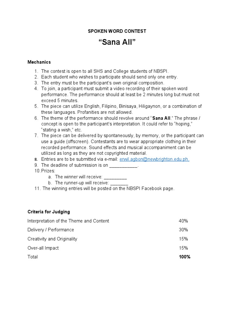Mechanics and Criteria For Spoken Word and Vlogging Contests | PDF ...