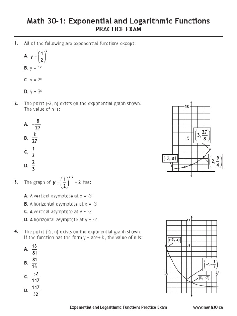 Math 30-1: Exponential and Logarithmic Functions: Practice Exam | PDF ...