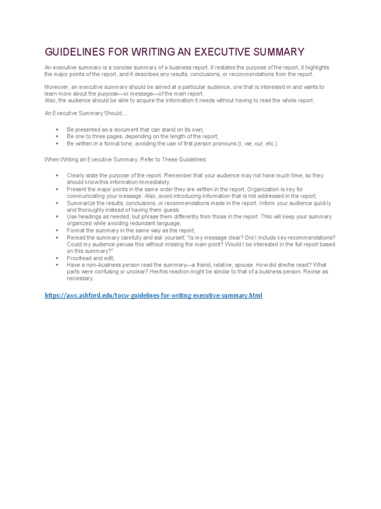 Guidelines For Writing An Executive Summary | PDF