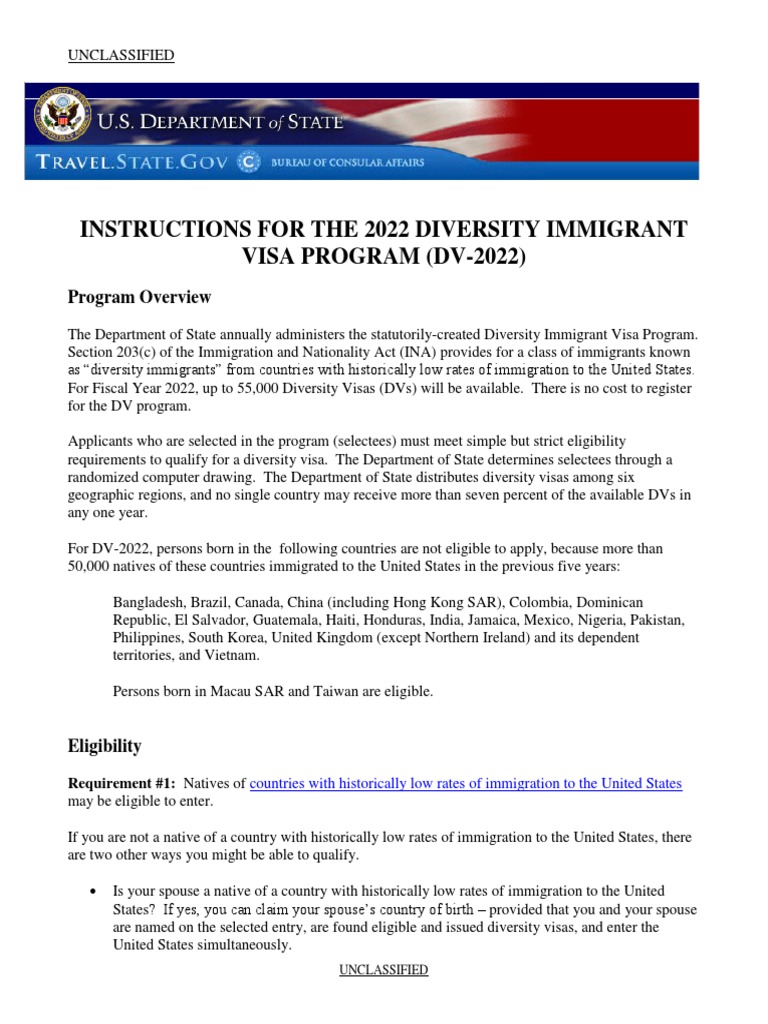 Instructions For The 2022 Diversity Immigrant Visa Program (Dv-2022 ...