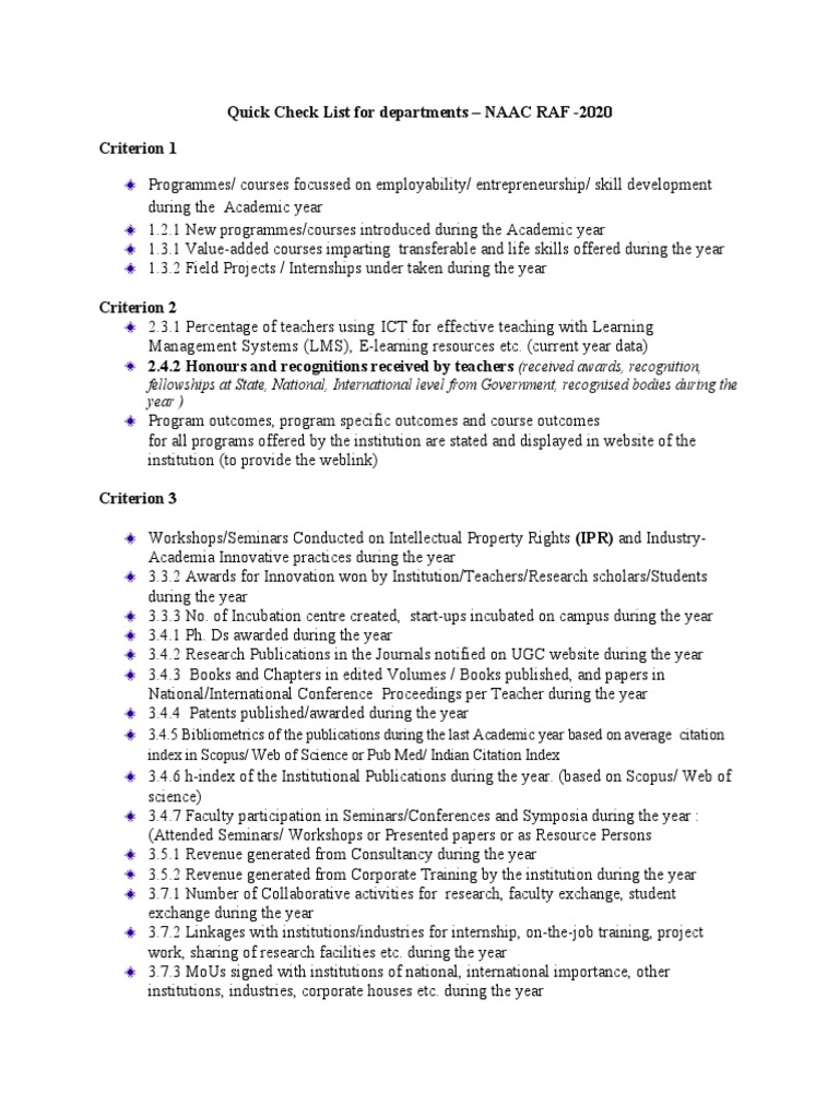 Quick Check List For Departments - NAAC RAF - 2020 Criterion 1 | PDF ...