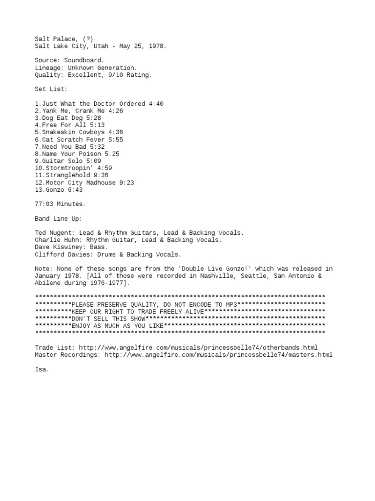 Ted Nugent 1978-05-25 Salt Lake City | PDF