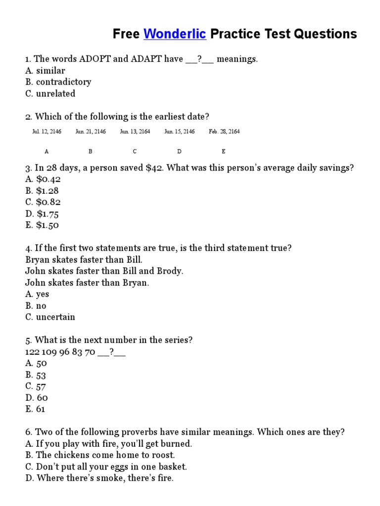 Free Wonderlic Practice Test Questions | PDF | Nature