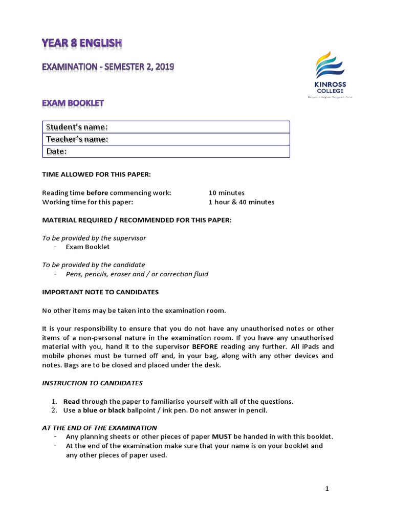 Yr. 8 English Exam 2019 Semester 2 | PDF | Test (Assessment) | Question