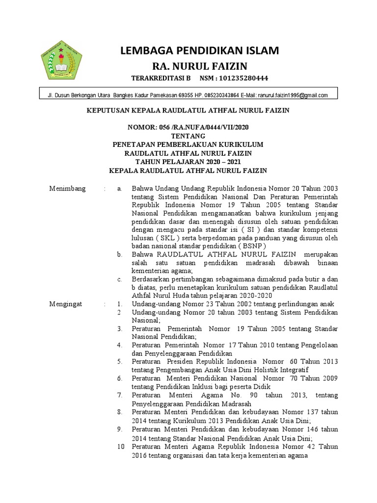 SK Penetapan Pemberlakuan Kurikulum | PDF