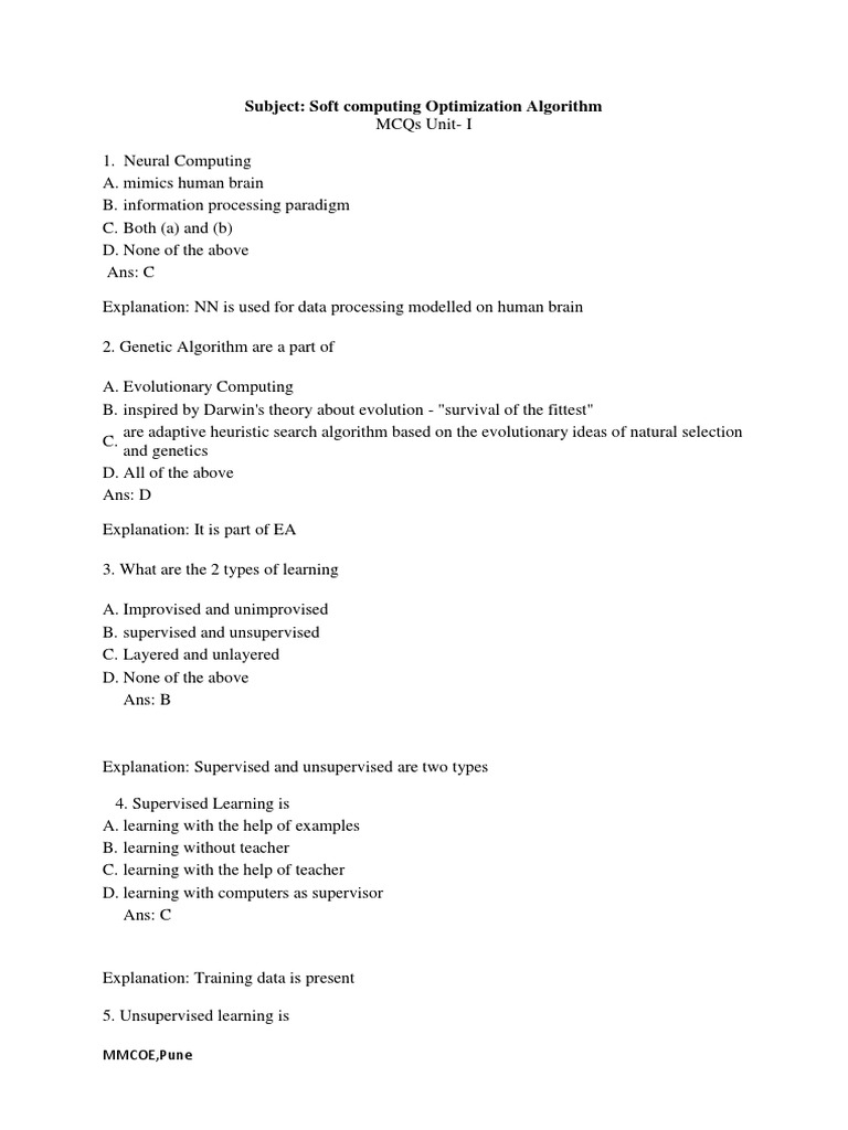 Soft Computing MCQs for Unit I | PDF | Fuzzy Logic | Artificial Neural ...