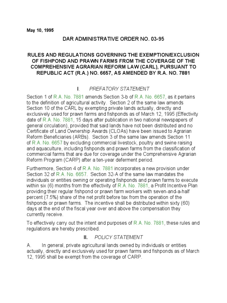 Dar Administrative Order No. 03-95: R.A. No. 7881 R.A. No. 6657 | PDF ...