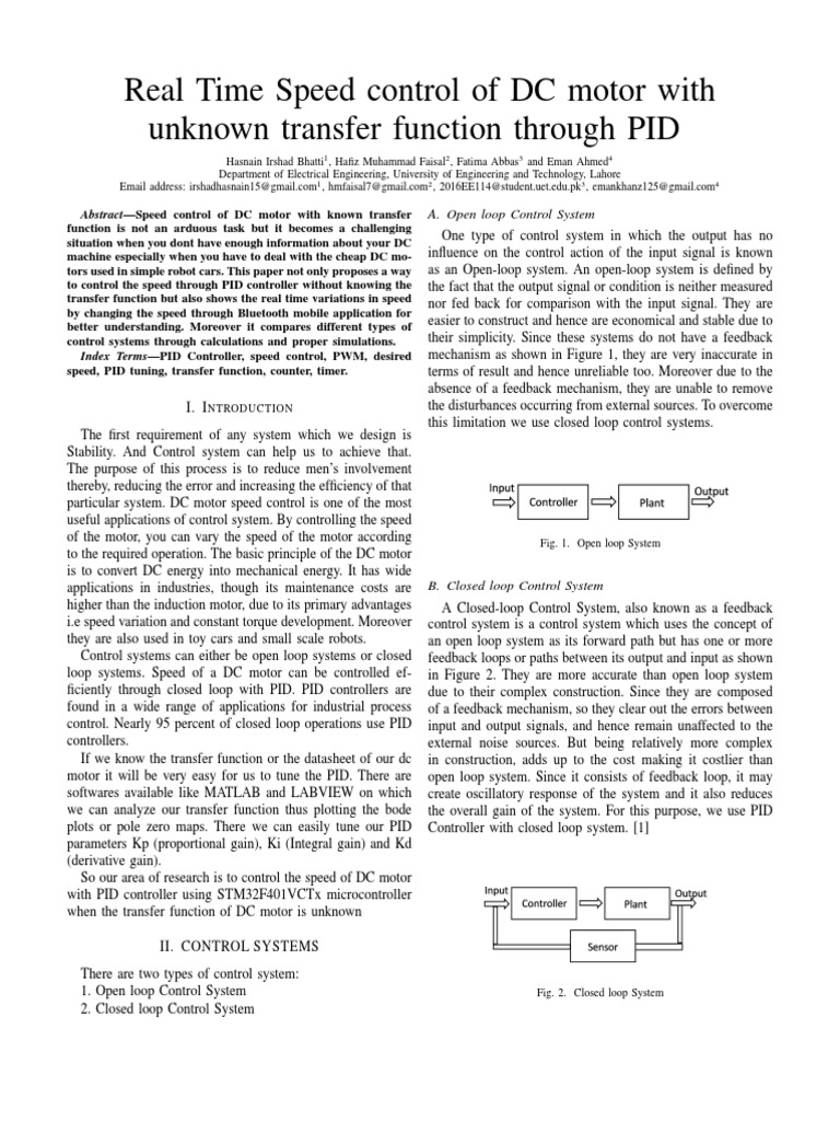 Real Time Speed Control of DC Motor With Unknown Transfer Function Through PID | Download Free ...