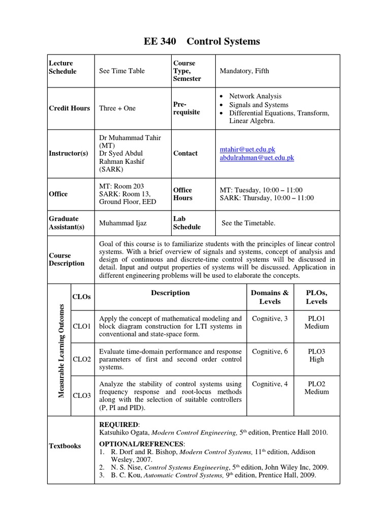 EE 340 Control Systems: Schedule Course Type, Semester | PDF | Control ...