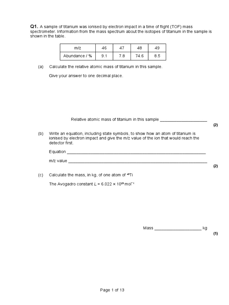ToF Questions | PDF | Time Of Flight Mass Spectrometry | Mass To Charge ...