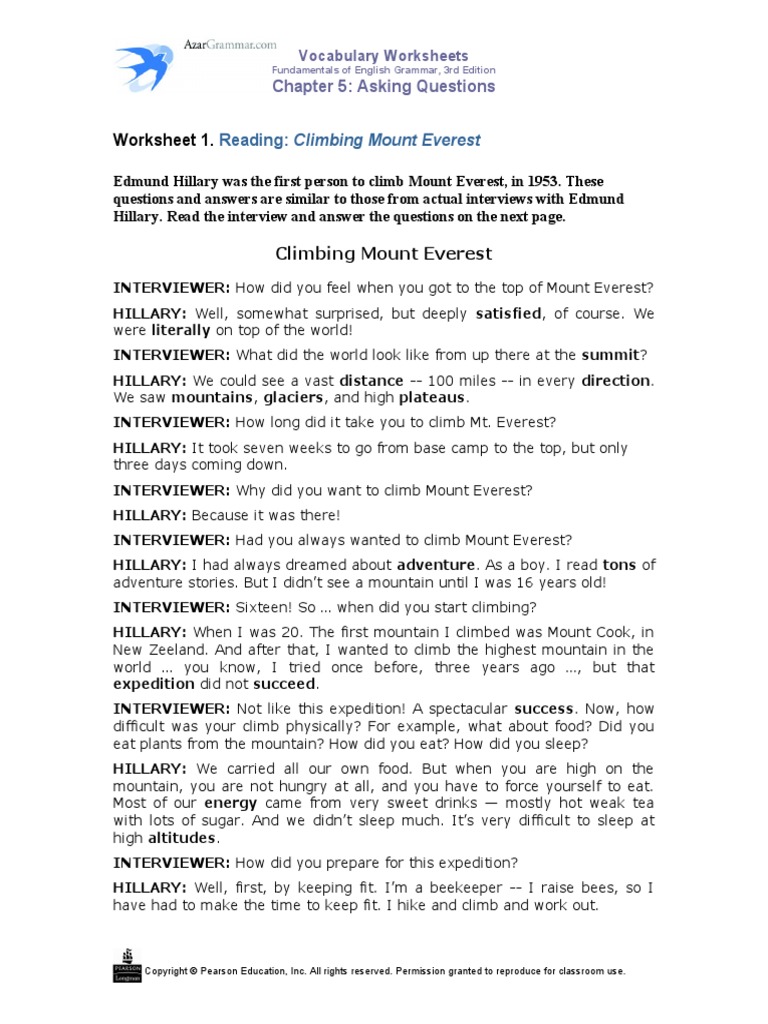 Worksheet 1.: Reading: Climbing Mount Everest | PDF | Mount Everest ...