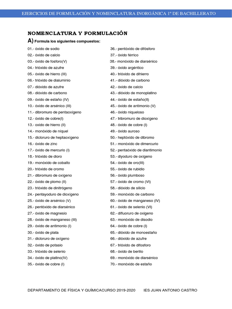Ejercicios de Formulación Y Nomenclatura Inorgánica 1º de Bachillerato ...