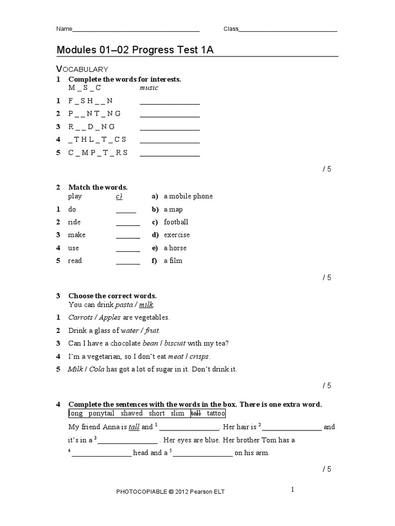 Modules 01-02 Progress Test 1A: Music | PDF | Foods