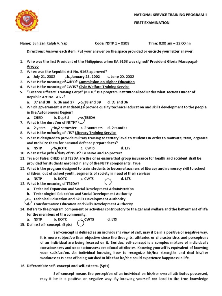 National Service Training Program 1 First Examination | PDF | Self ...
