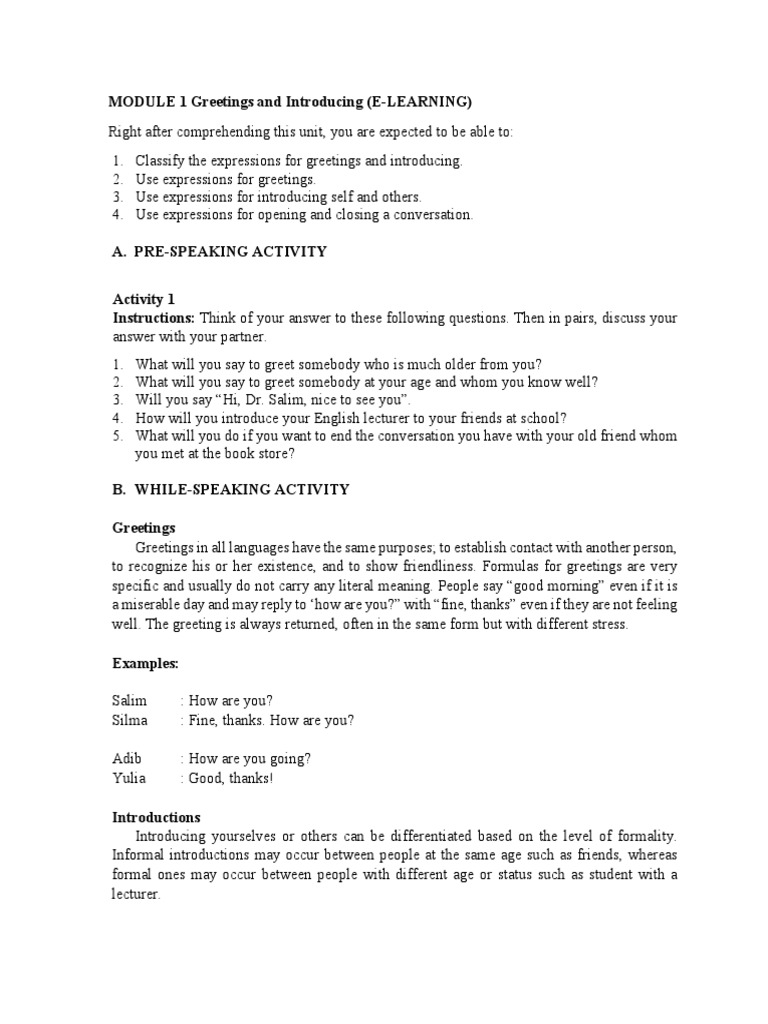 Greetings and Introductions Module | PDF | English Language | Semiotics