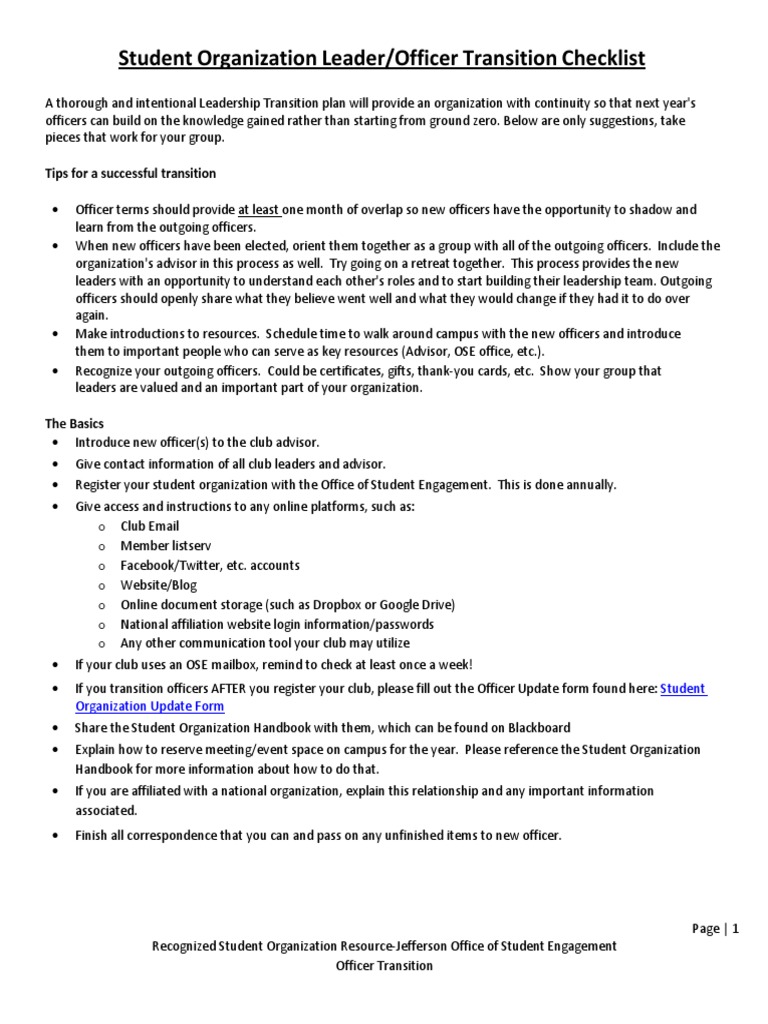 OSE Leader Transition Checklist | PDF | Communication | Business