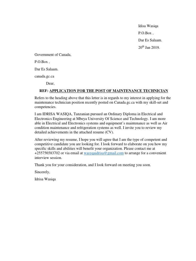 Ref: Application For The Post of Maintenance Technician | PDF