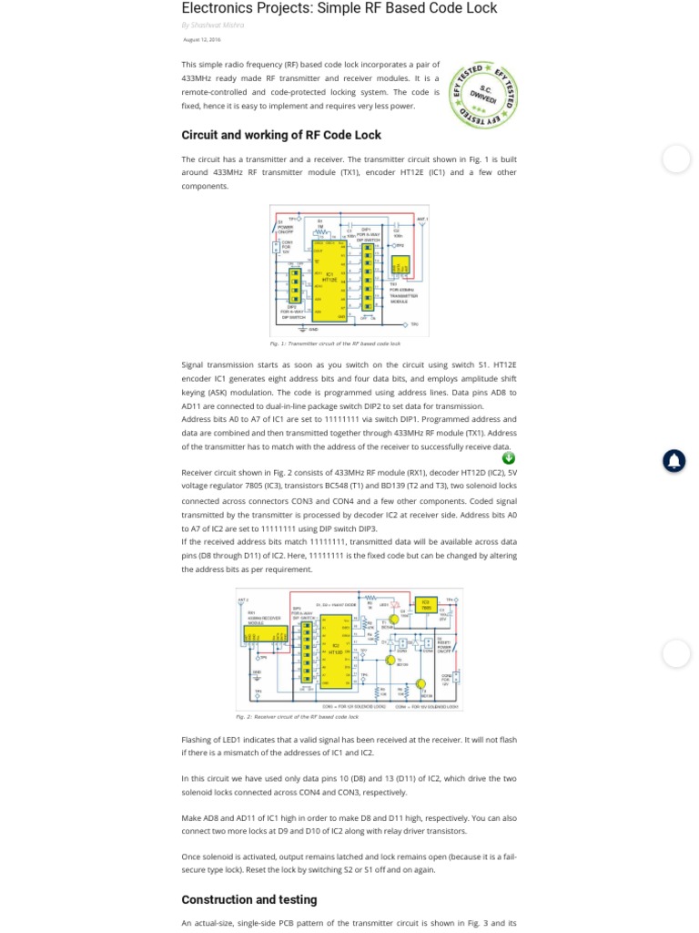 Simple Radio Frequency (RF) Based Code Lock | PDF | Transmitter | Electronic Circuits