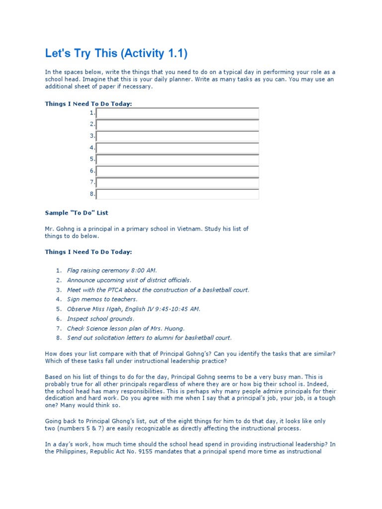 Let's Try This (Activity 1.1) : Things I Need To Do Today | PDF ...