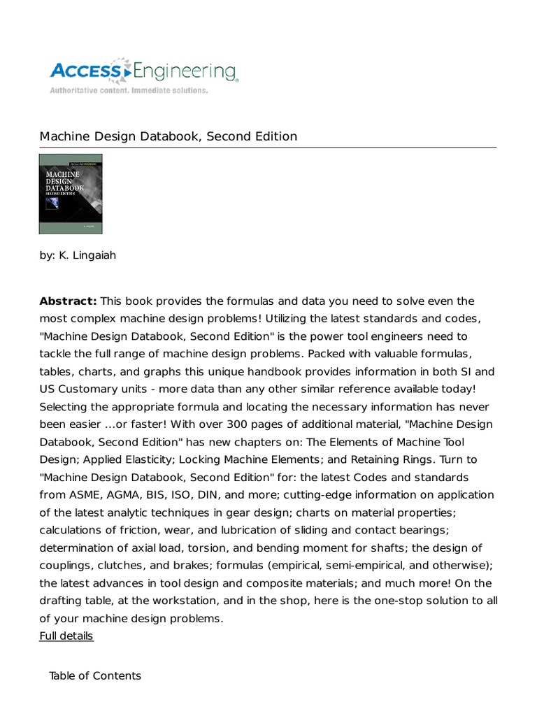 Machine Design Databook, Second Edition: Abstract: This Book Provides ...