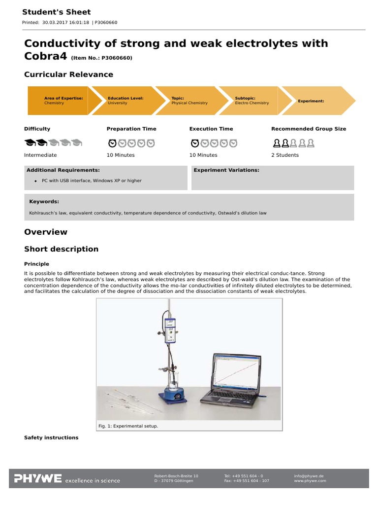 Conductivity of Strong and Weak Electrolytes With Cobra4: (Item No ...