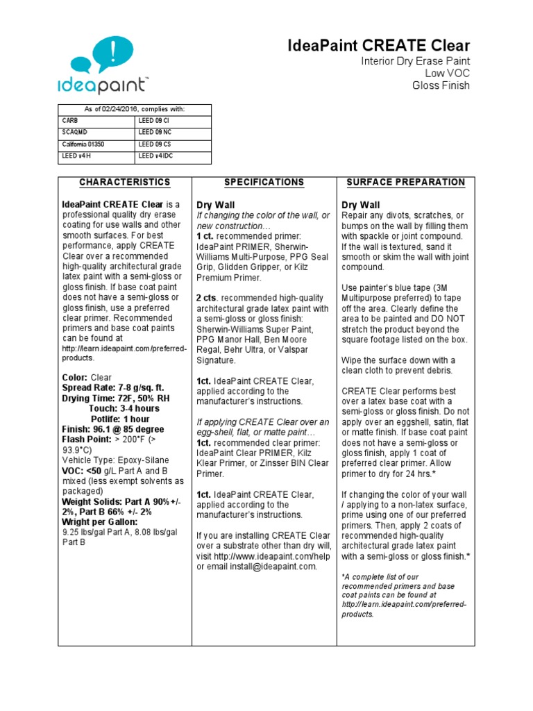 Ideapaint Create Clear: Characteristics Specifications Dry Wall Surface ...