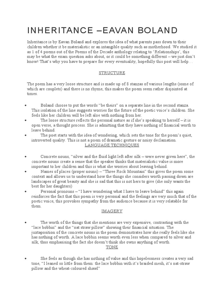 Inheritance - Eavan Boland | PDF | Poetry | Narration