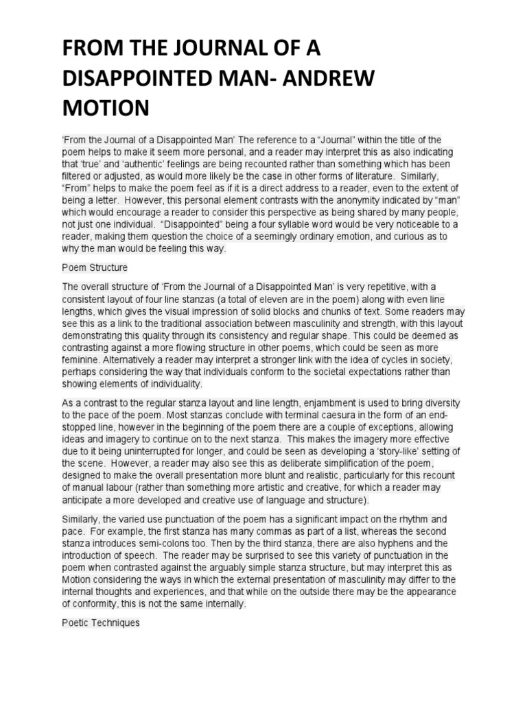 From The Journal of A Disappointed Man - Andrew Motion | PDF | Poetry ...