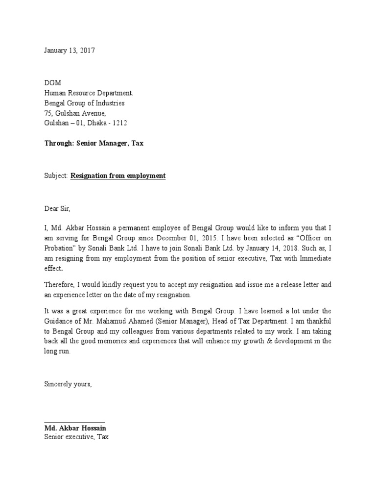 Resignation Letter in Bengali | PDF