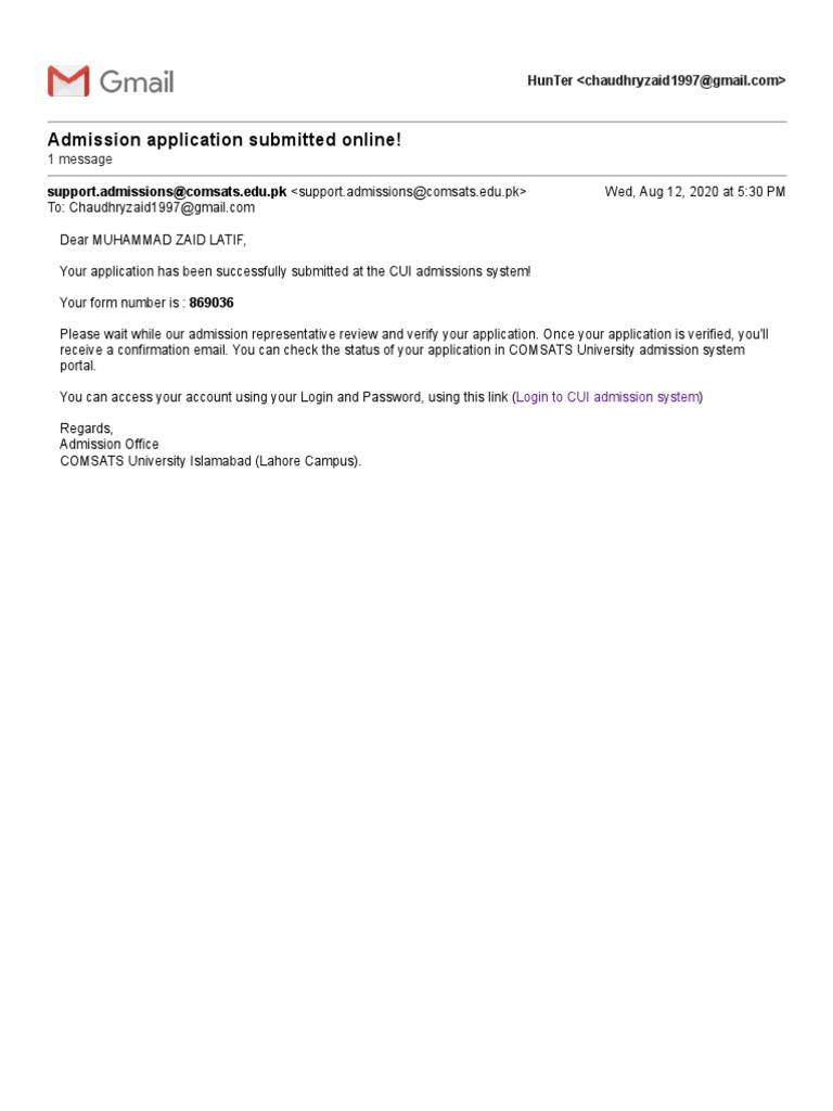 Admission Application Submitted Online!: 1 Message | PDF