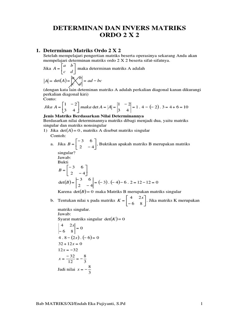 DETERMINAN DAN INVERS MATRIKS ORDO 2 X 2-Dikonversi PDF | PDF